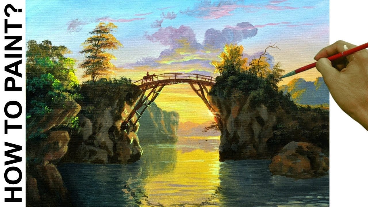 HOW TO PAINT Realistic Landscape with Wooden Bridge on Sunset River in ...