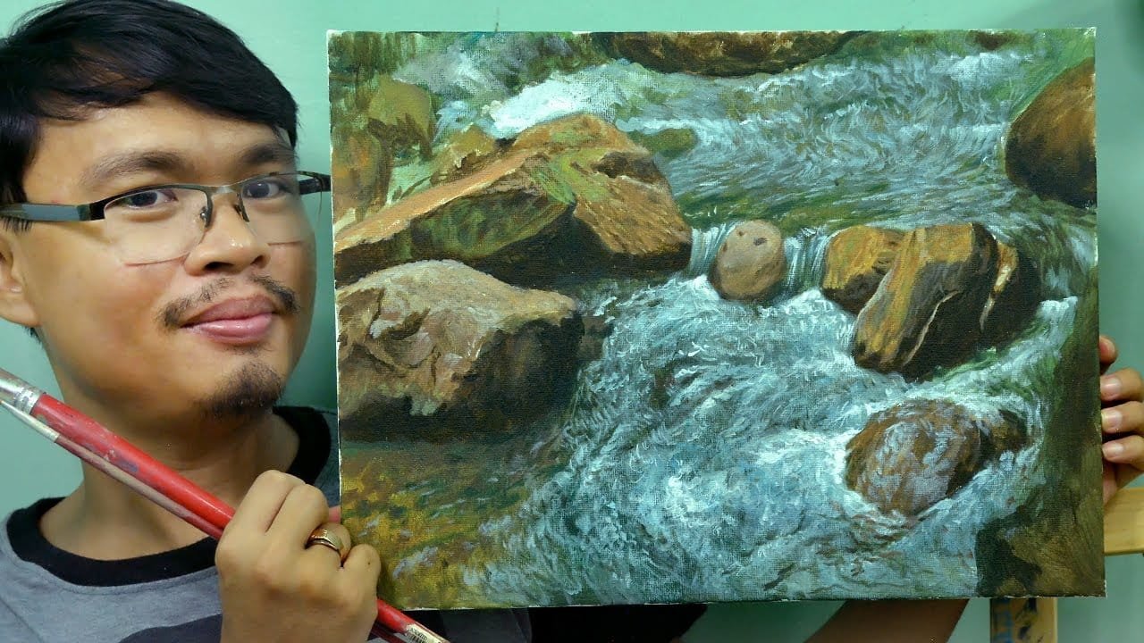 How To Paint Detailed Rocks and Rushing Water on River in Acrylics ...