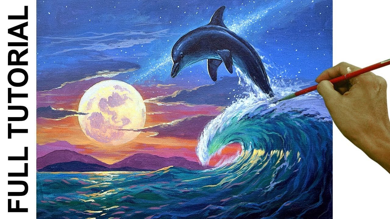 Tutorial : Acrylic Painting Seascape/ Dolphin in the Moonlight ...