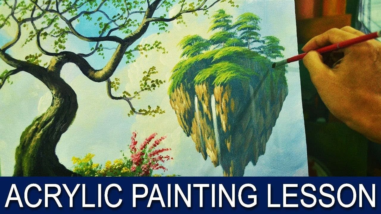 Acrylic Landscape Painting Lesson | Surreal Floating Island in Step by ...