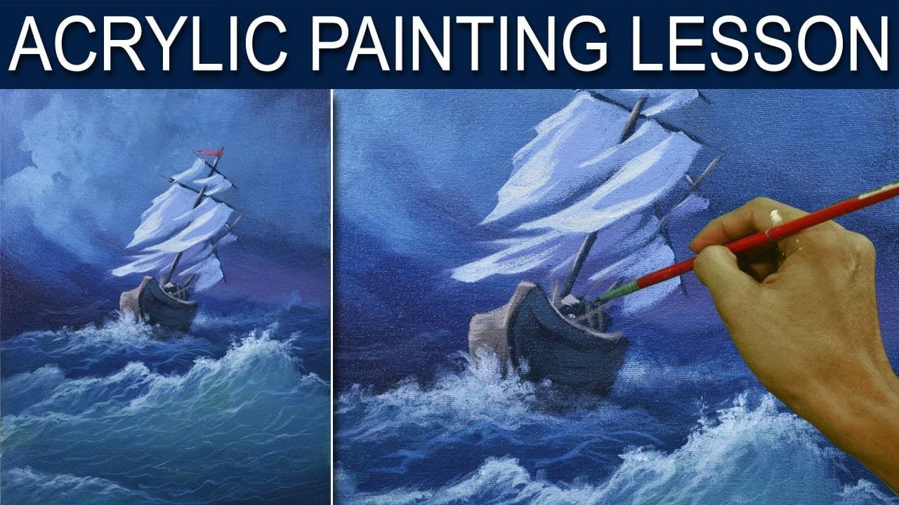 Acrylic Painting Lesson | The Storm with a Sinking Boat on Huge Waves ...
