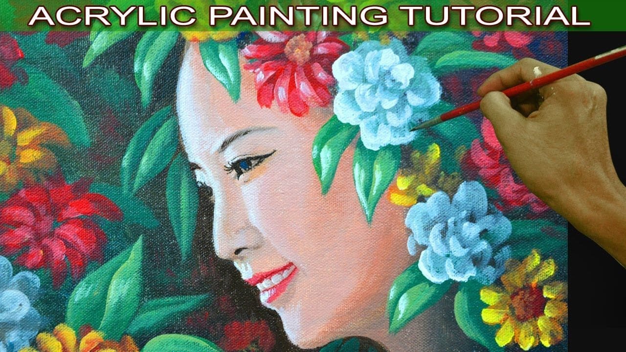 Acrylic Painting Tutorial Portrait of Beautiful Lady with Flowers by JM ...