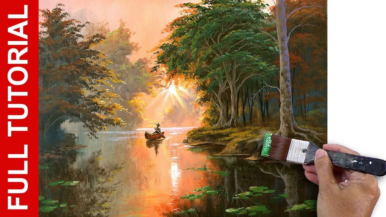 FULL TUTORIAL : Acrylic Painting Landscape / Sunset in the Lake / JMLisondra - Free Painting ...
