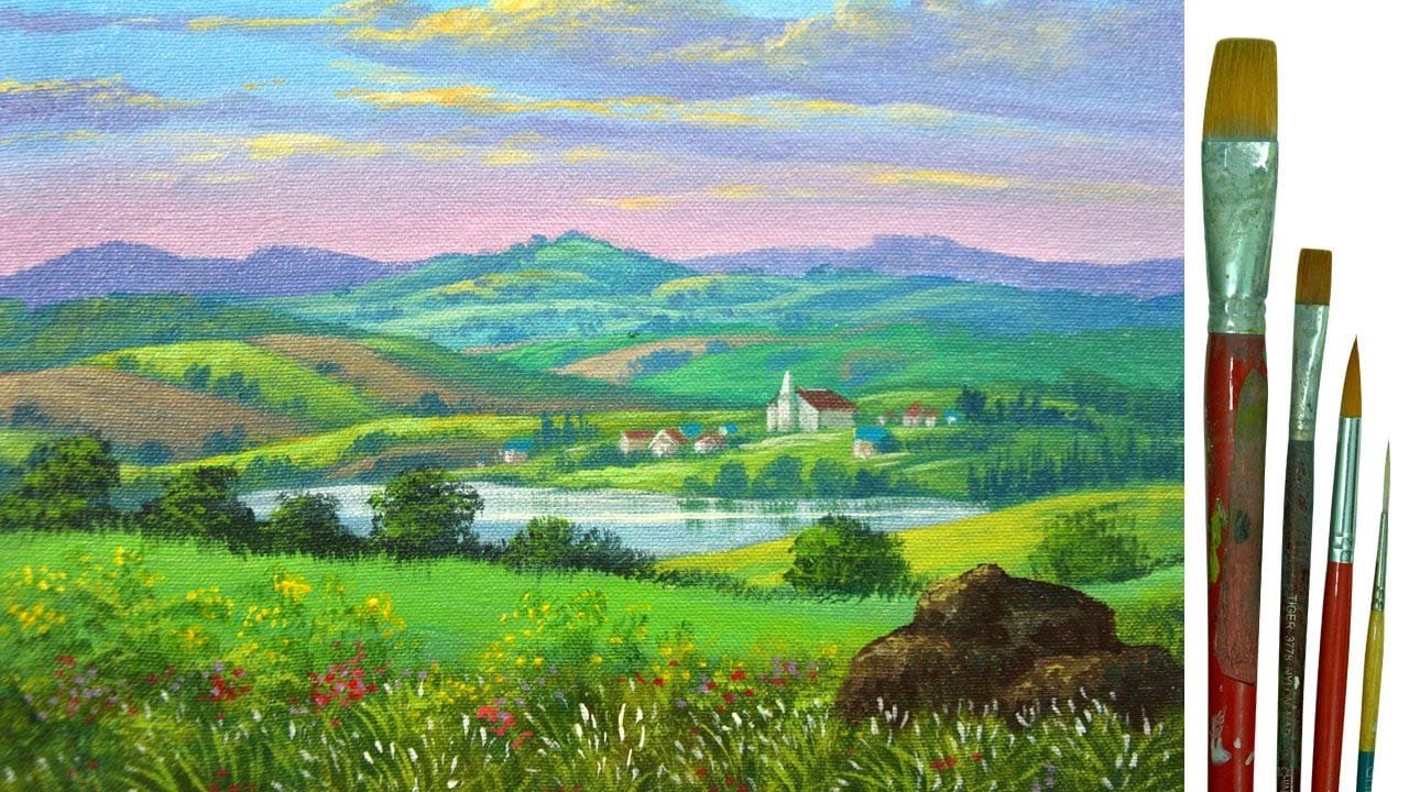 How to Paint Village with Church, Houses, Lake, Mountains and Fields in ...